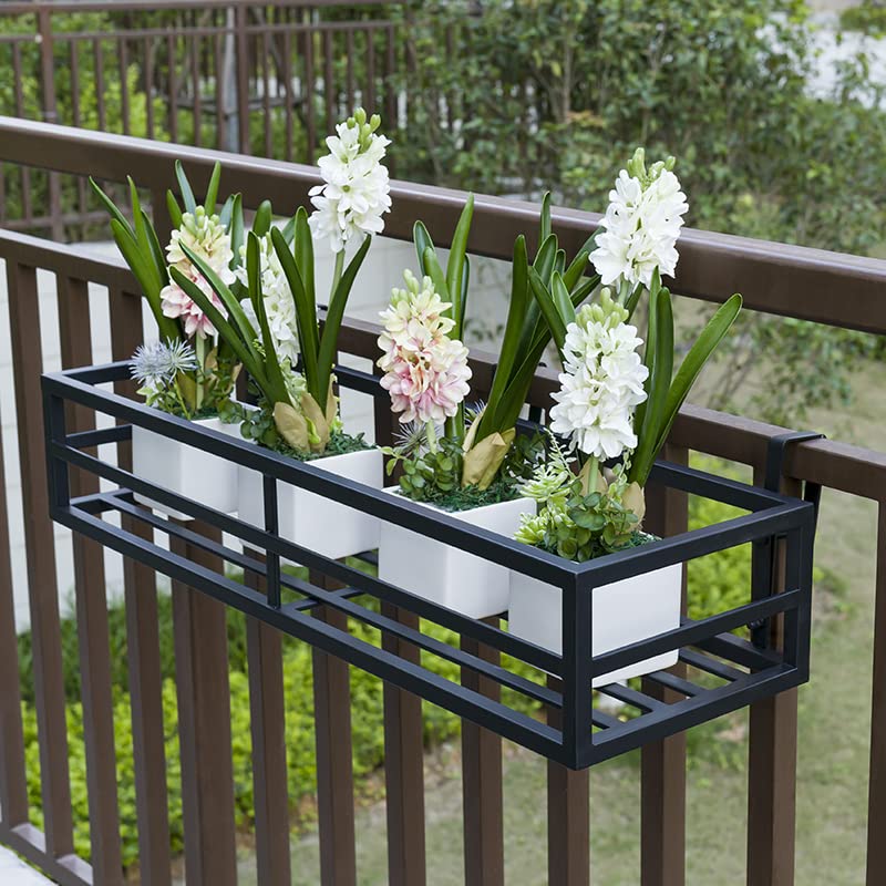 RZGY Iron Hanging Flower Rack Basket Shelf with Hooks, 31.5 inch Flower Pot Stand Rack Patio Railing Shelf for Balcony Decor, Outdoor Garden Balcony Fence - Black