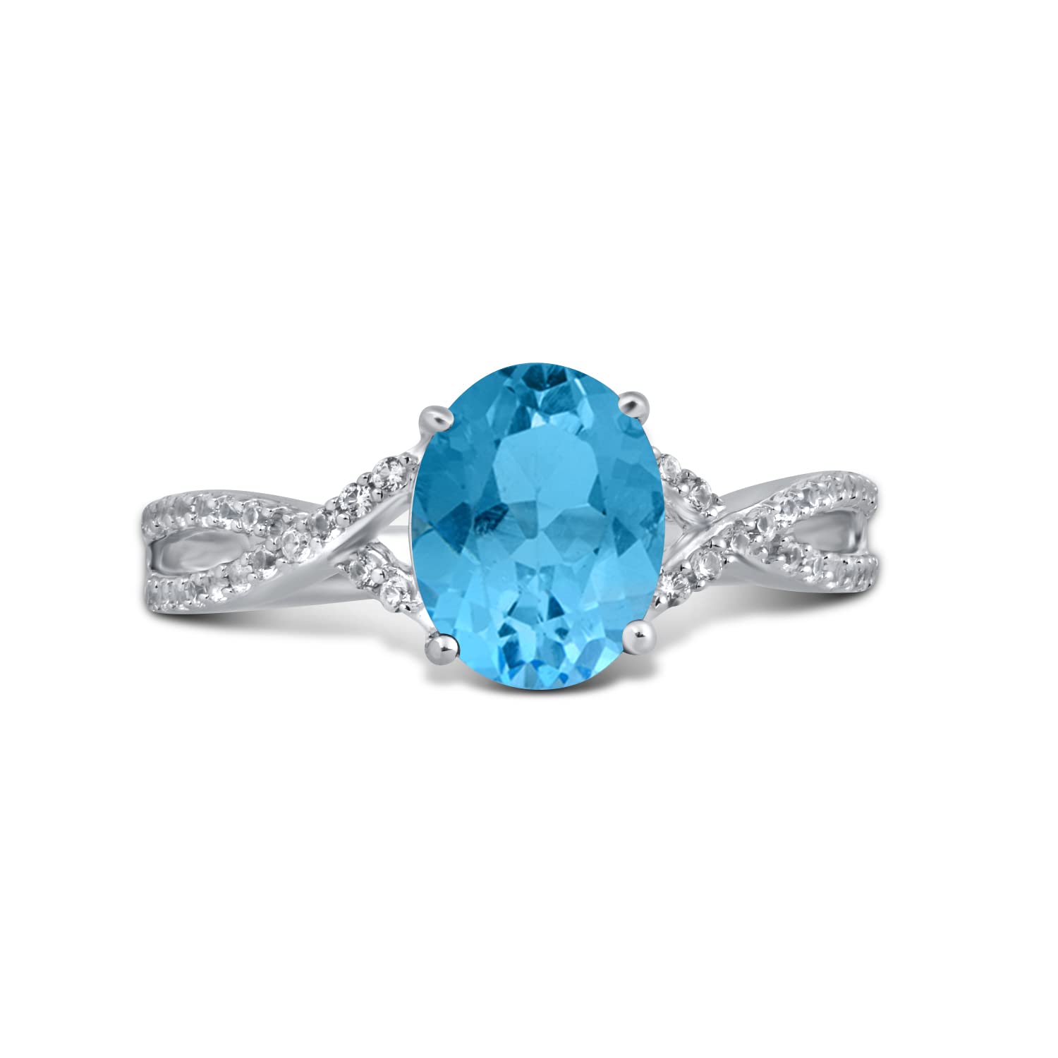 Jewelili Sterling Silver 9x7mm Oval Swiss Blue Topaz and Created White Sapphire Split Shank Ring, Size 7