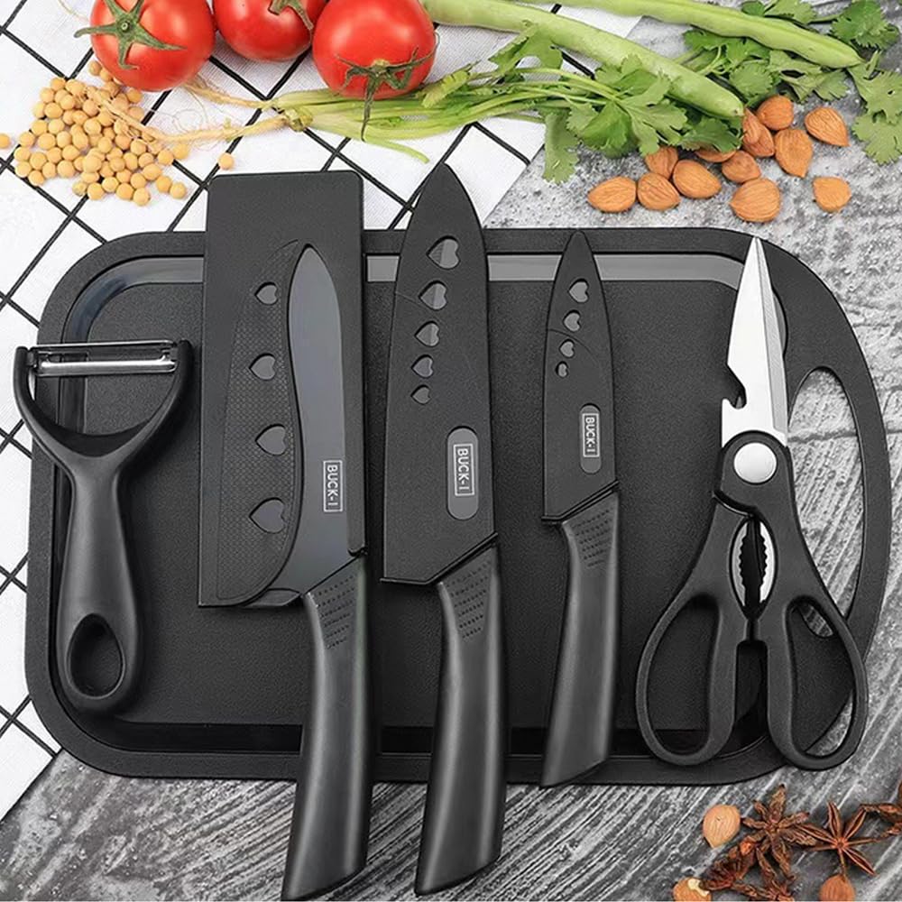 Knife Set, 10-Piece German Stainless Steel Kitchen Knife Block Set with Sheaths, Cutting Board and Knife Block, Super Sharp Knife Set with Block, Non-stick Cooking Knives Sets, Ergonomical Design