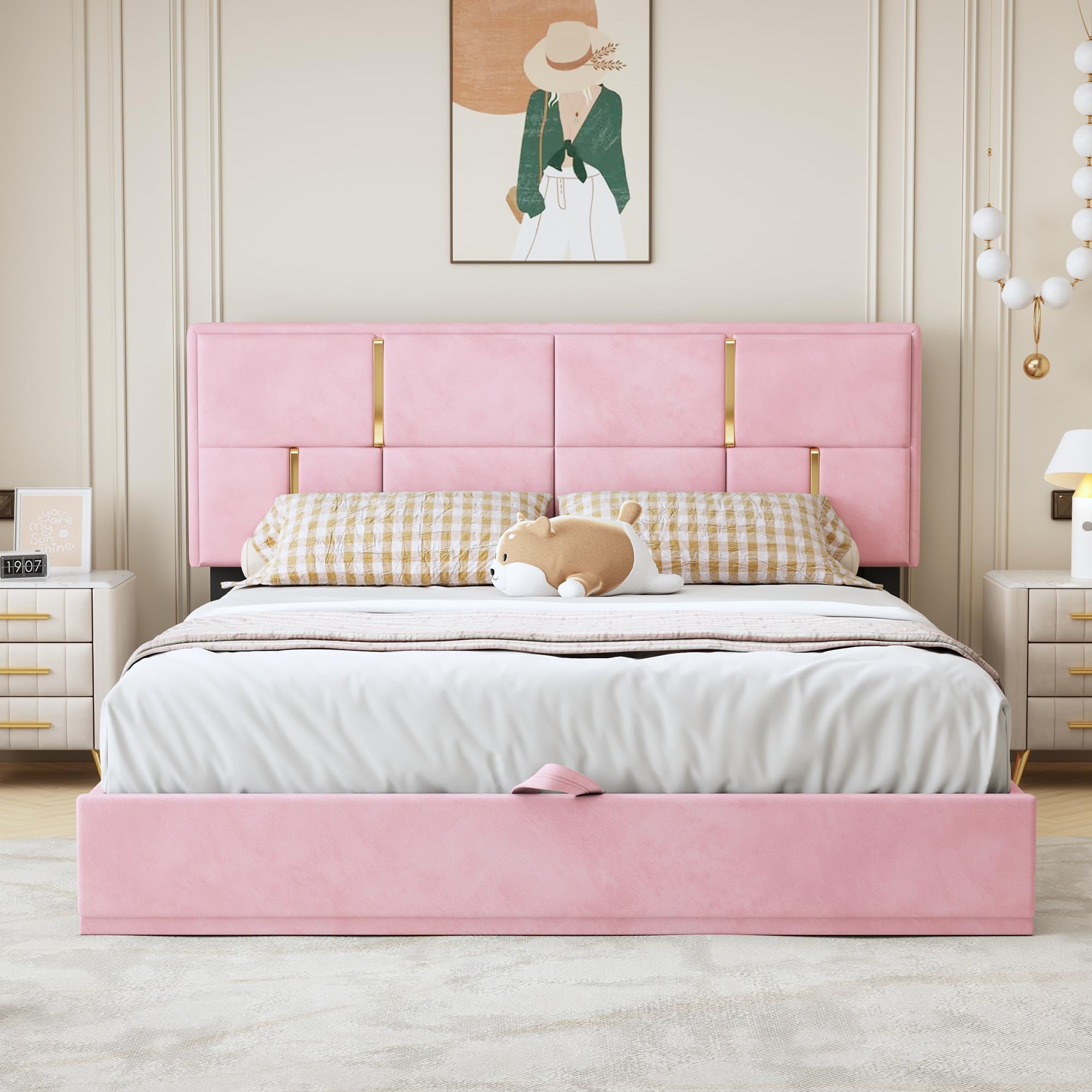 JIVOIT Upholstered Platform Bed with Hydraulic Storage System, Queen Size Storage Bed with Headboard and Wood Slats Support, Space Saving Wood Platform Bed Frame for Bedroom (Pink,Bed,5)