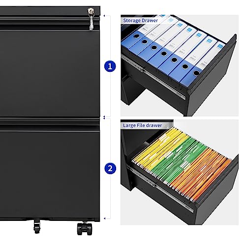 LVSTEEL 2 Drawer Mobile File Cabinet with Lock, Under Desk Metal Filing Cabinet for Home Office fits Legal/Letter/A4 File, Fully Assembled Except Wheels, Black