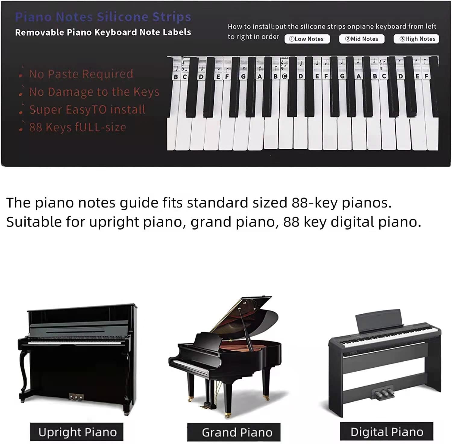 Piano Notes Guide for Beginner - Removable Silicone Piano Keyboard Notes Labels for 88 Key Full Size Piano,Piano Notes Strip for Learning Piano,No Need Stickers