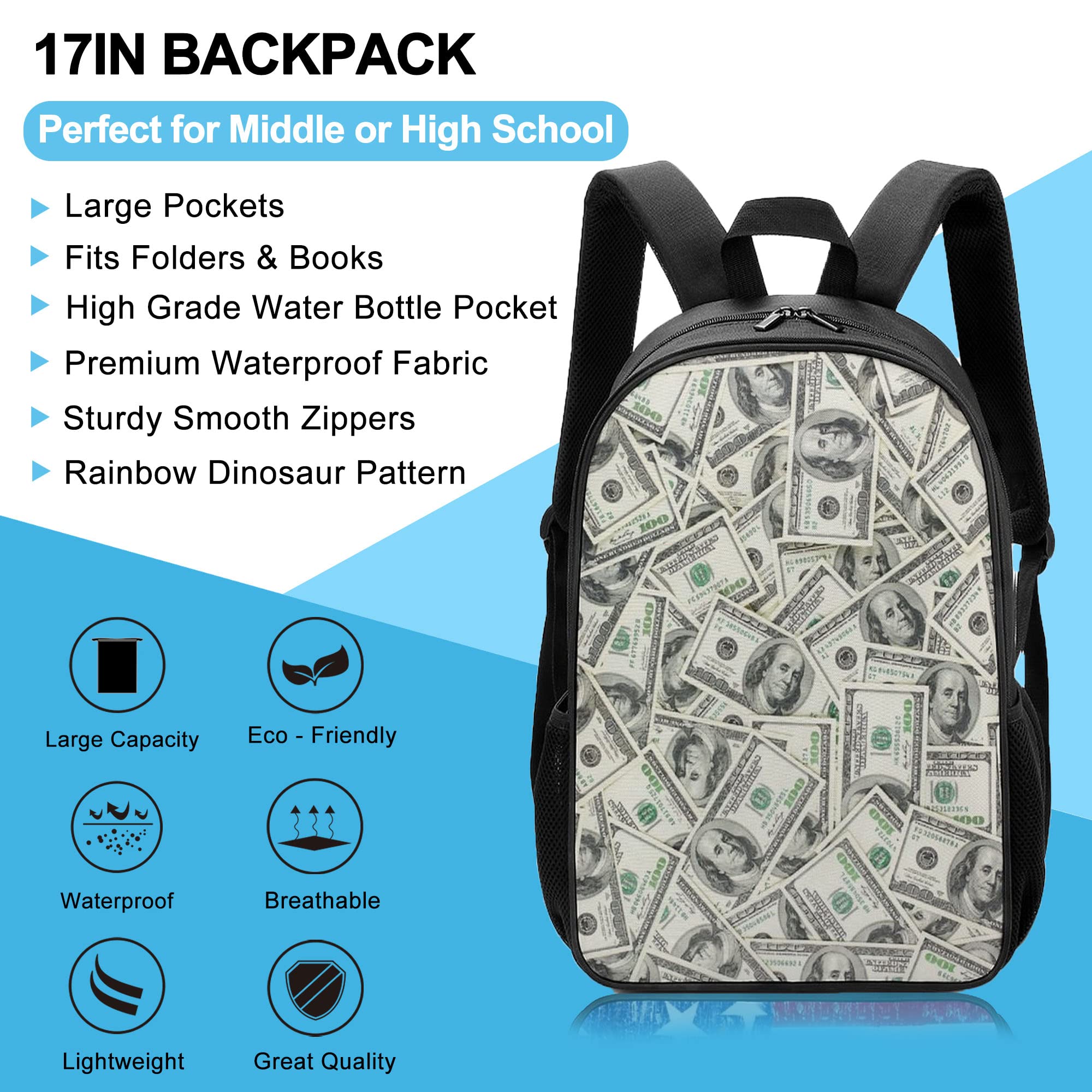 LEOPOM Money Laptop Backpack Lightweight Large School Bookbags - 17 inch