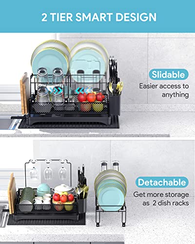 Lvtrupc Dish Drying Rack - Large-Capacity Dish Rack for Kitchen Counter, Stainless Steel Dish Drainer, 2-Tier Kitchen Dish Drying Rack for Dishes, Cutlery and Wine Glasses with Extra Dryer Mat