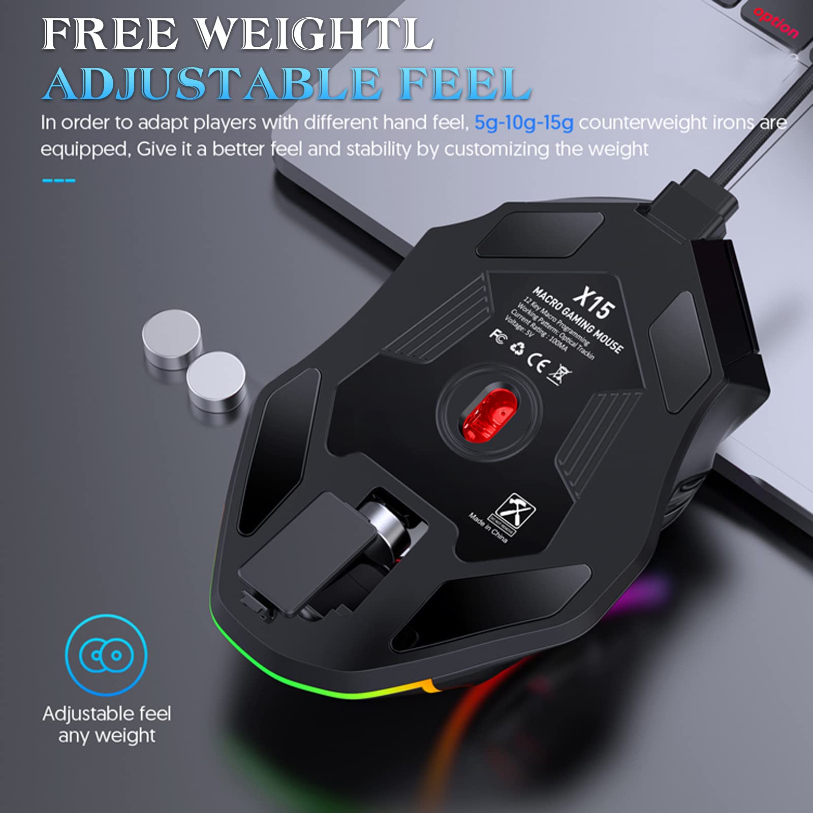 Scettar C44 programmable Wired Gaming Mouse with Side Buttons，6 DPI Level Adjustable、13kind of RGB Mouse ，12 Programmable Mouse Buttons，1000HZ Response Rate, Compatible with PC/Mac