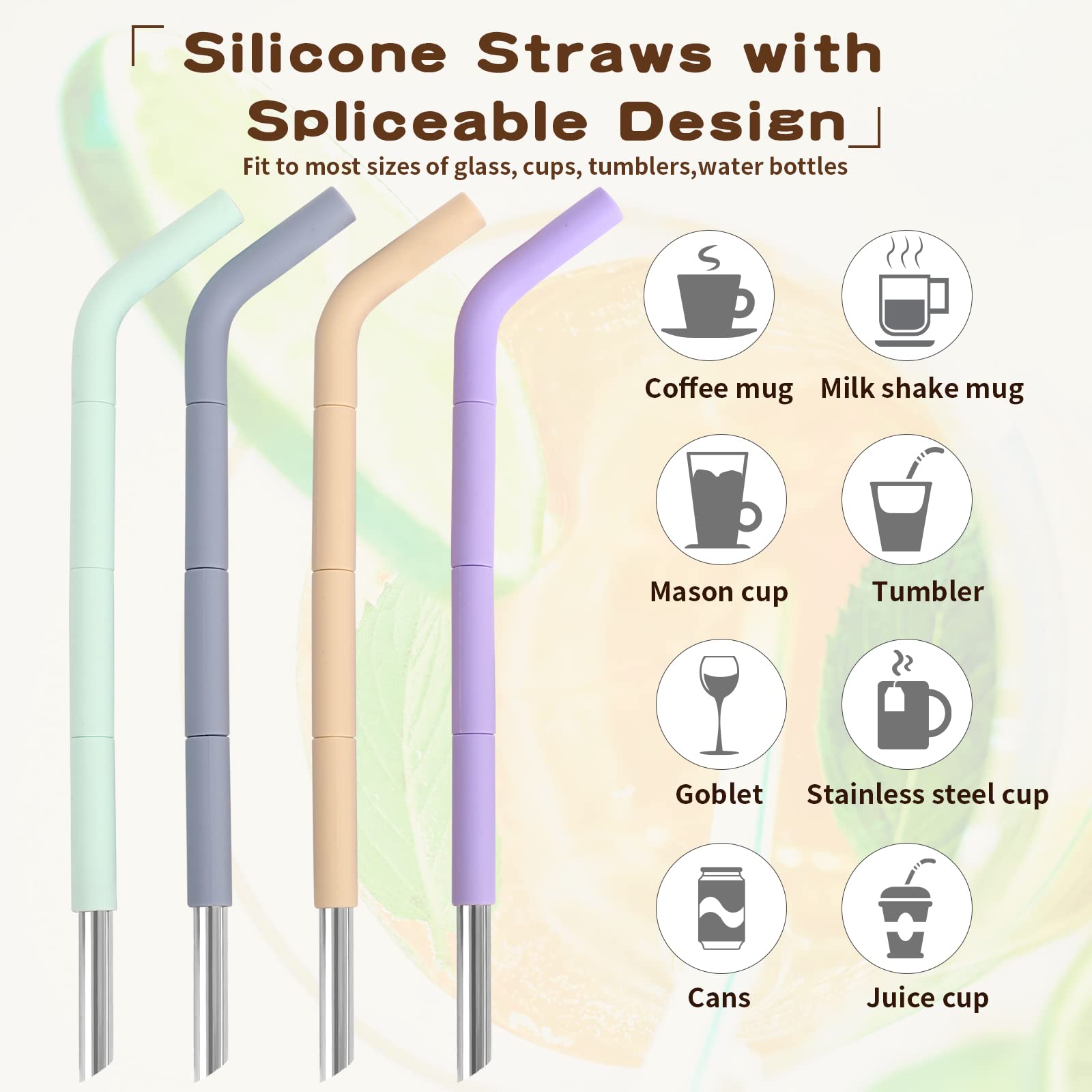 Reusable Silicone Drinking Straws 4PCS Splicable Straws with Travel Case Cleaning Brush -Silicone Straws Length Adjustable Drinking for 20/30/32oz Tumblers(0.2'' diameter)