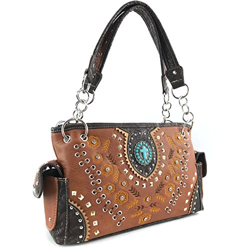 Justin West Floral Tooled Embroidered Western Turquoise Stone Cross Conceal Carry Handbag Purse (Brown Handbag Wallet Set)