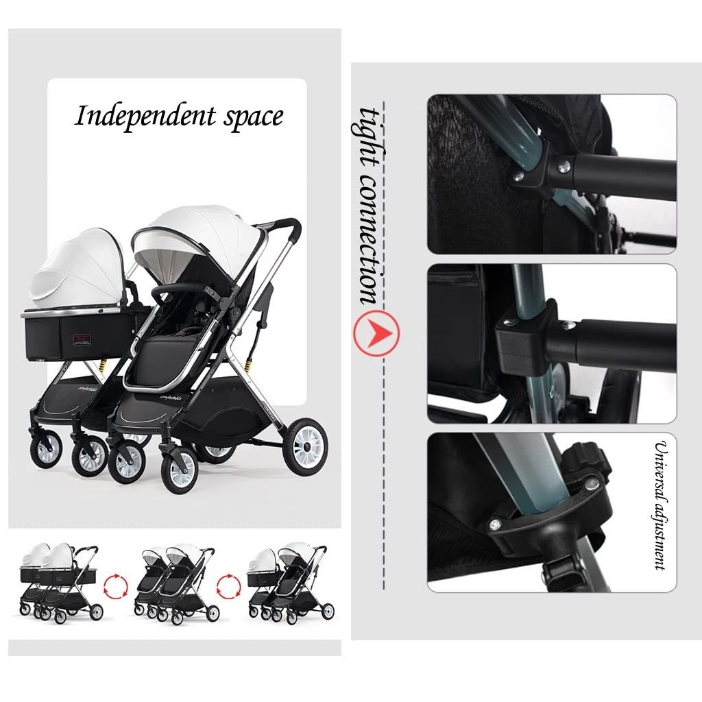 Twin Baby Pram Stroller,Double Infant Stroller,Foldable Double Seat Tandem Stroller High Landscape Reversible Easy Foldable (Color : Black)