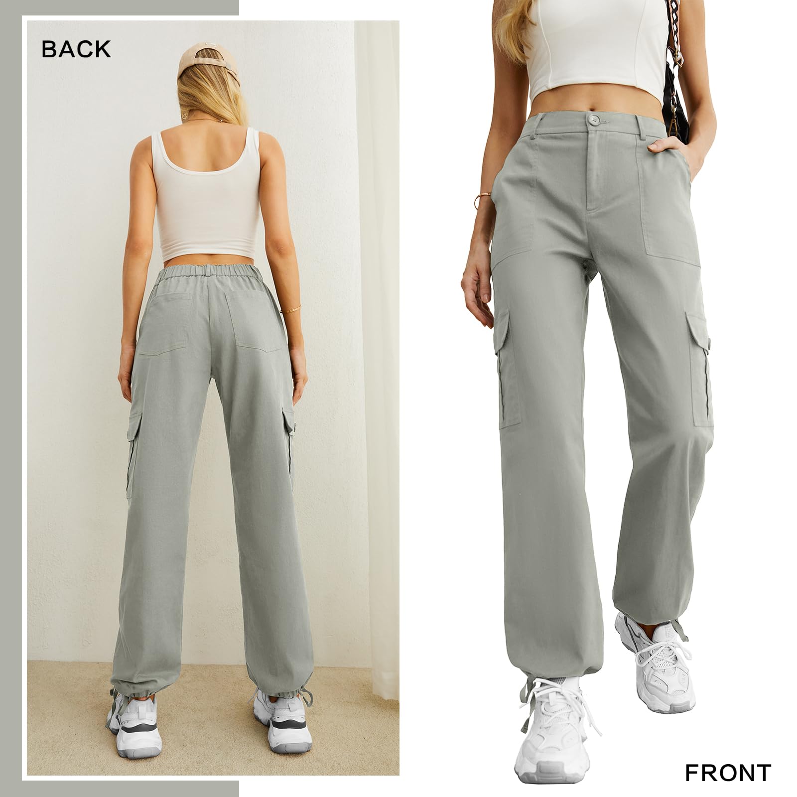 Lepunuo Women High Waisted Cargo Pants Wide Leg Casual Pants 6 Pockets Combat Military Trousers Silver Gray, X-Small