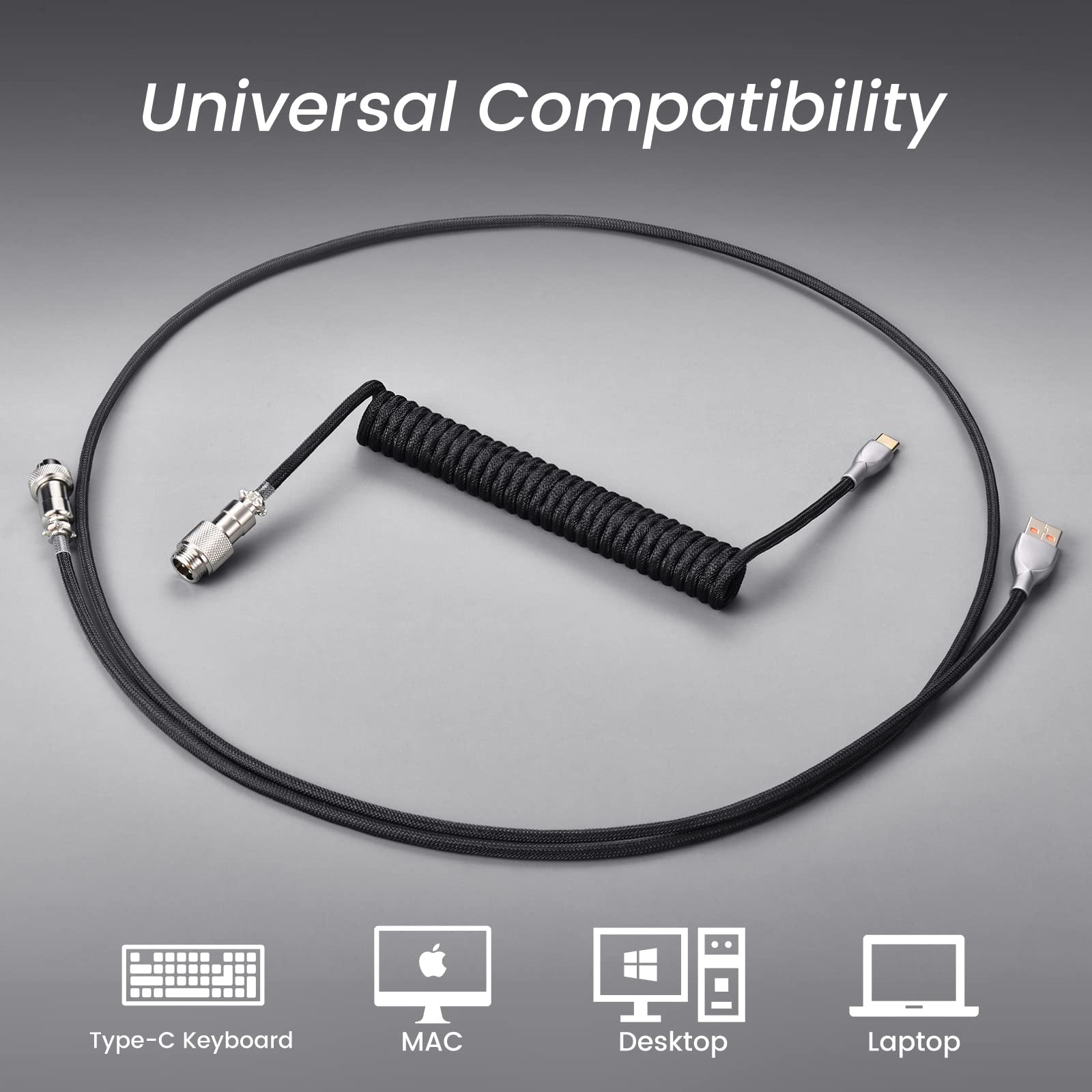 RisoPhy Custom Coiled Keyboard Cable for Gaming Keyboard, USB C Double-Sleeved Mechanical Keyboard Cable with Detachable Metal Aviator, 1.5M USB-C to USB-A, Braided + PET Mesh Keyboard Cable (Black)