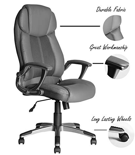 JJS High Back Swivel Executive Office Chair, Ergonomic Adjustable Home Computer Padded Leather Desk Chair with Wheels and arms Rest Back Lumbar Support, Gray