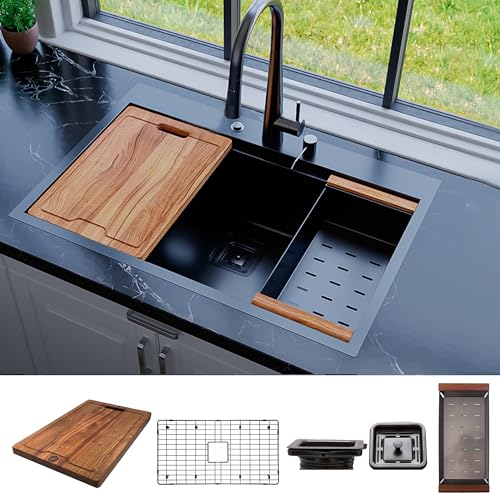 Strictly Sinks 33β Topmount Kitchen Workstation Sink-Gunmetal Black Single Bowl 16 Gauge Stainless Steel Drop In Sink, Acrylic Cutting Board,Cutting Board with Strainer Bowl & Bottom Protector Grid