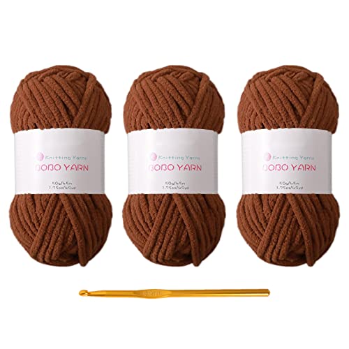 Lerchiyar Soft Chenille for Knitted Blankets,amigurumi Crochet, Fancy Crochet DIY Crafts, Baby Blankets,Knitted Crafts and Toy Dolls.ďź22-Brown,with 1 Crochet Hookďź