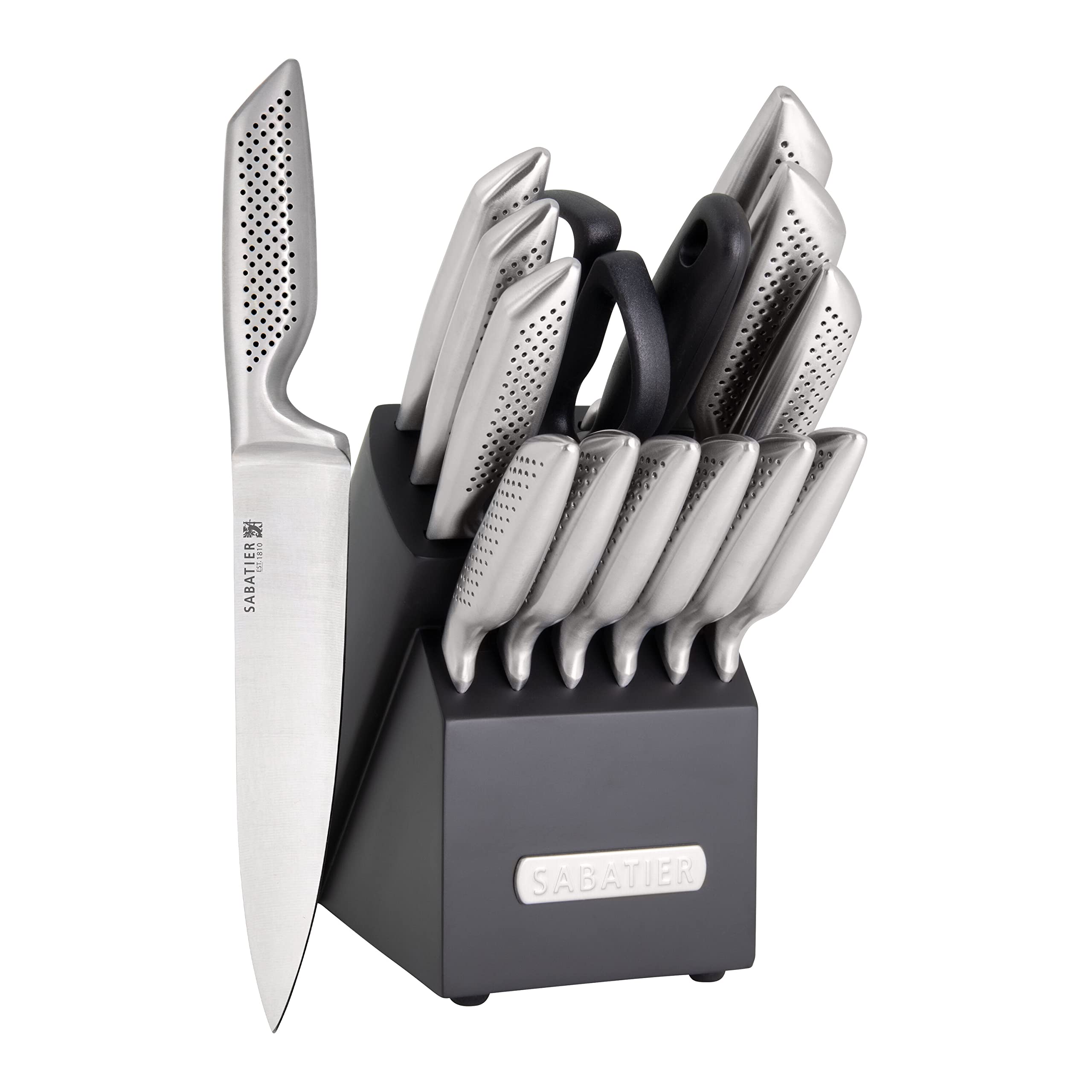 Sabatier Ergonomic Textured, High-Carbon Kitchen Knives, Razor-Sharp Knife Set with Rubberwood Block, Stainless Steel Handle, 15-Piece, Black