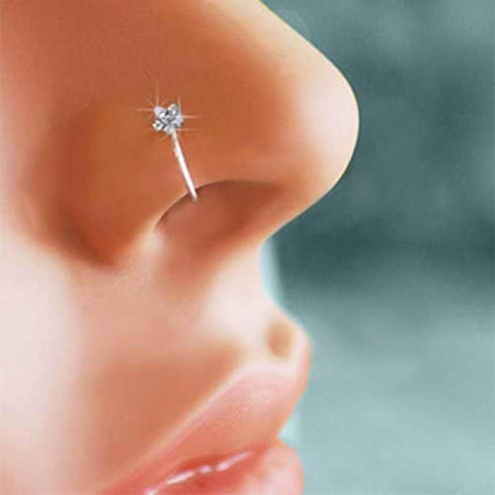 Longfu Small Thin Flower Clear Crystal Nose Ring Stud Hoop-Sparkly Crystal Nose Ring, B0102