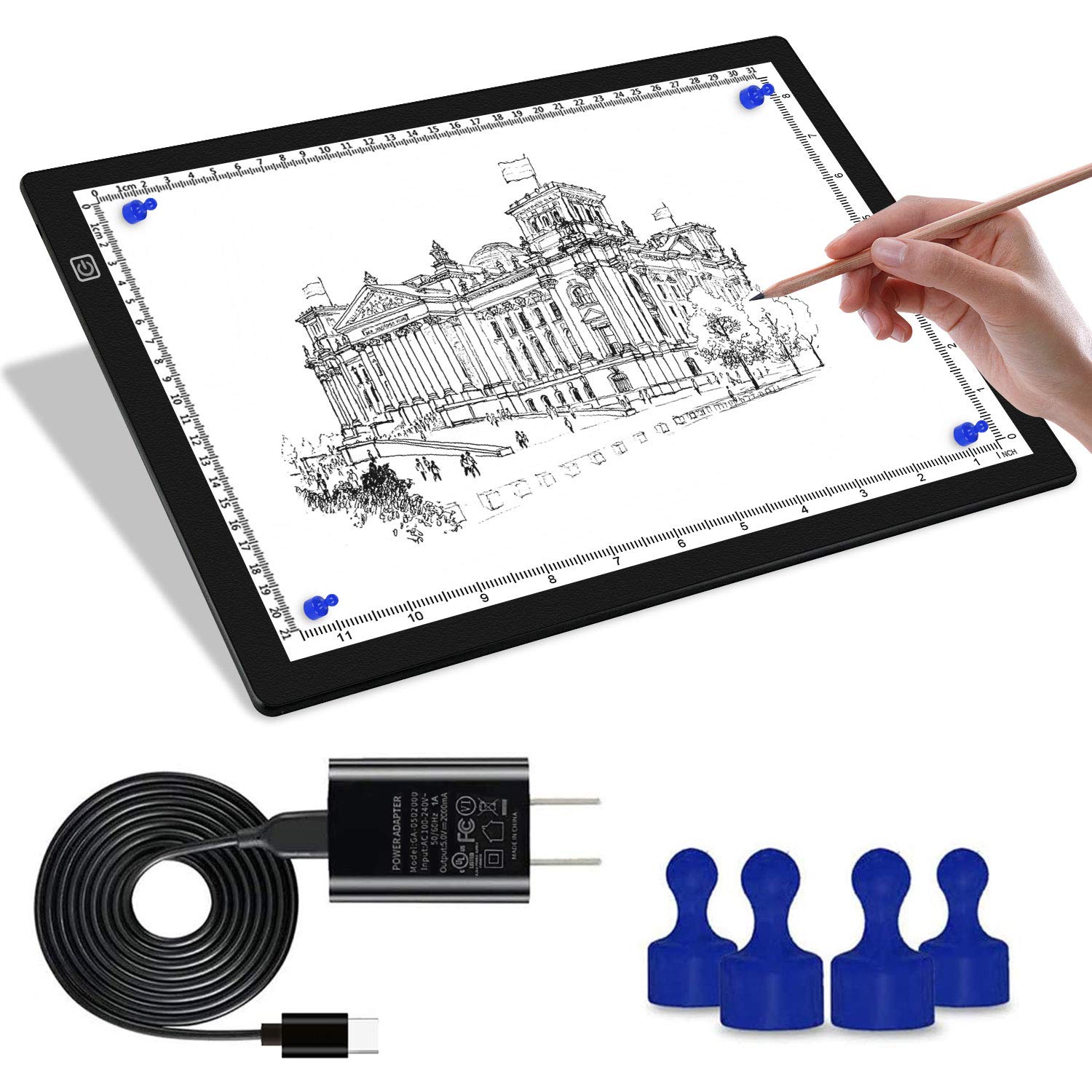 Magnetic Light Box for Tracing, A4 Light Pad for Drawing with 4 Magnets, 2 Scale (CM & INCH) Portable Ultra-Thin Sketch Pad, Dimmable Light Table for Diamond Painting, X-ray View (4 Magnets Included)