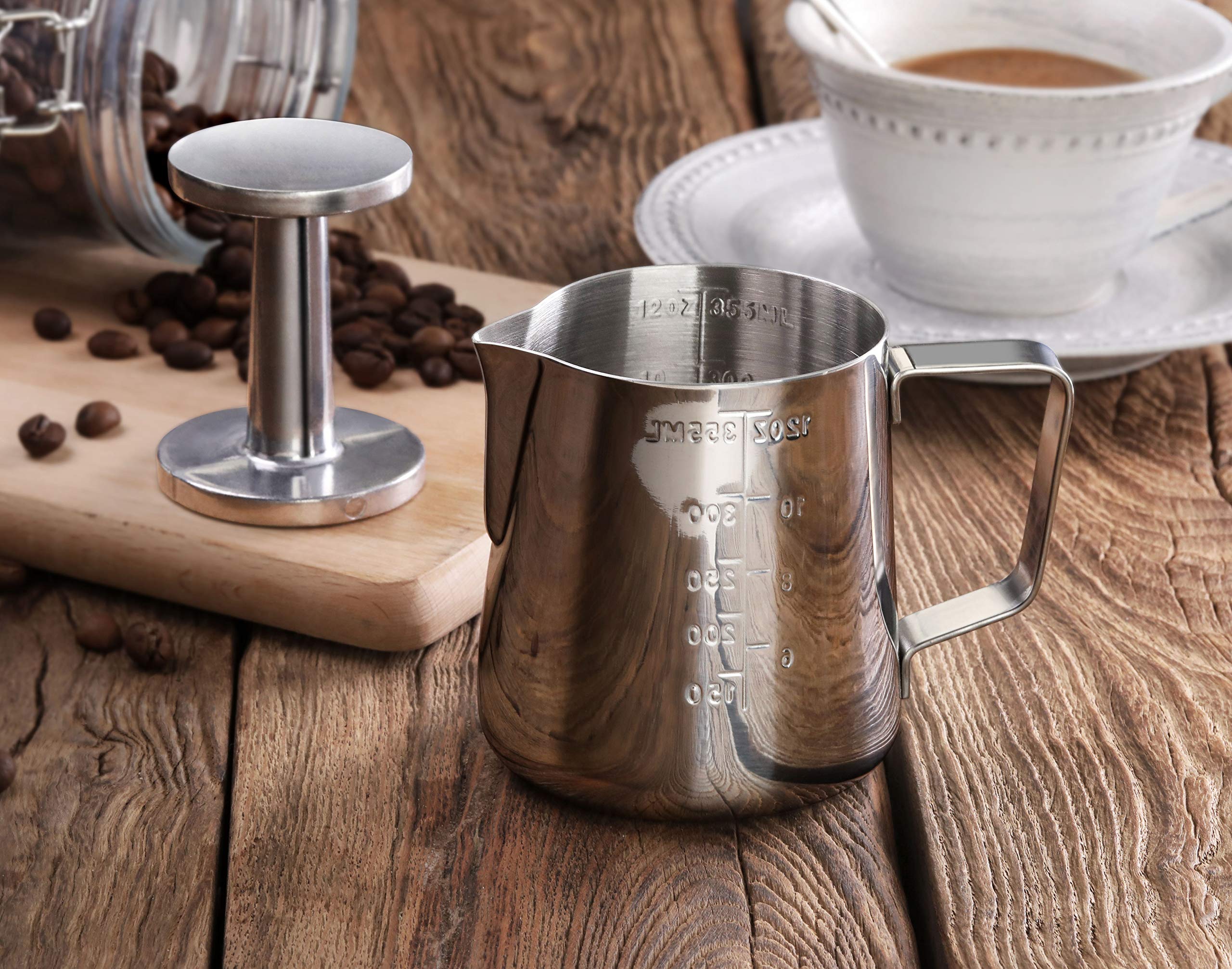 New Star Foodservice 28829 Commercial Grade Stainless Steel 18/8 12 oz Frothing Pitcher and Die Cast Aluminum Tamper Combo Set, Silver