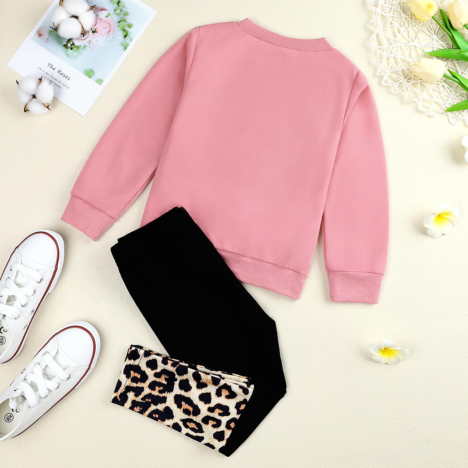 KIDLAGA Toddler Girl Clothes Figure Graphic Drop Shoulder Top Pullover Leopard Print Pants Fall Winter Outfit Set(5-6T)