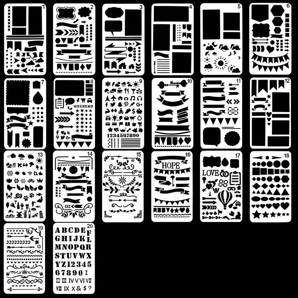 Journal Stencil 20 PCS Plastic Planner Stencils Set for Journal Notebook Diary Scrapbook DIY Drawing Card Template Journal Stencils, 4x7 Inch1