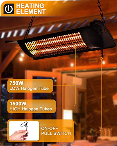 Star Patio Electric Patio Heater, Outdoor Heater, 750W/1500W Ceiling Infrared Heater with Rectangular Shape, Black, Silent Heating Hanging Patio Heater, IP44 Waterproof Outdoor Heaters, STP2066-C