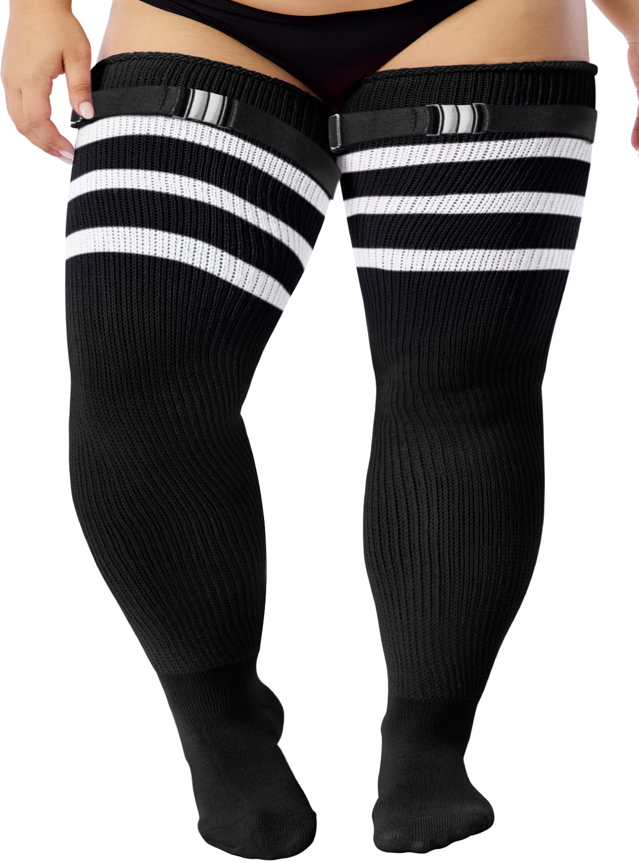 Qupish Plus Size Thigh High Socks for Thick Highs Extra Long Leg Warmers Knit Over The Knee High Socks for Women(Strip- Black)