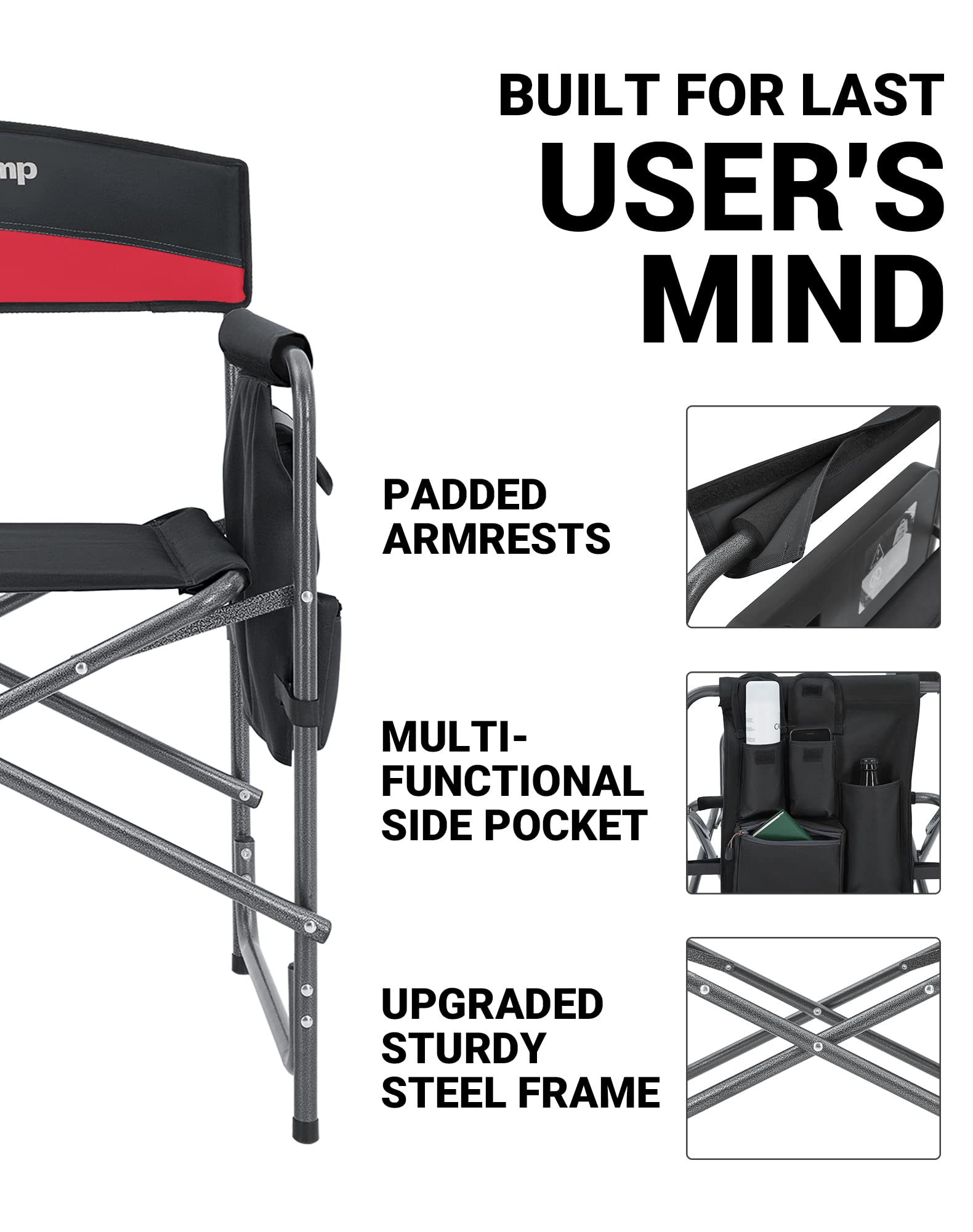 KingCamp Heavy Duty Camping Director Chair for Adults Folding Oversized Outdoor Lawn Foldable with Side Table and Pockets Padded Seat, Supports 400lbs, One Size, Black/Red-2 Pack