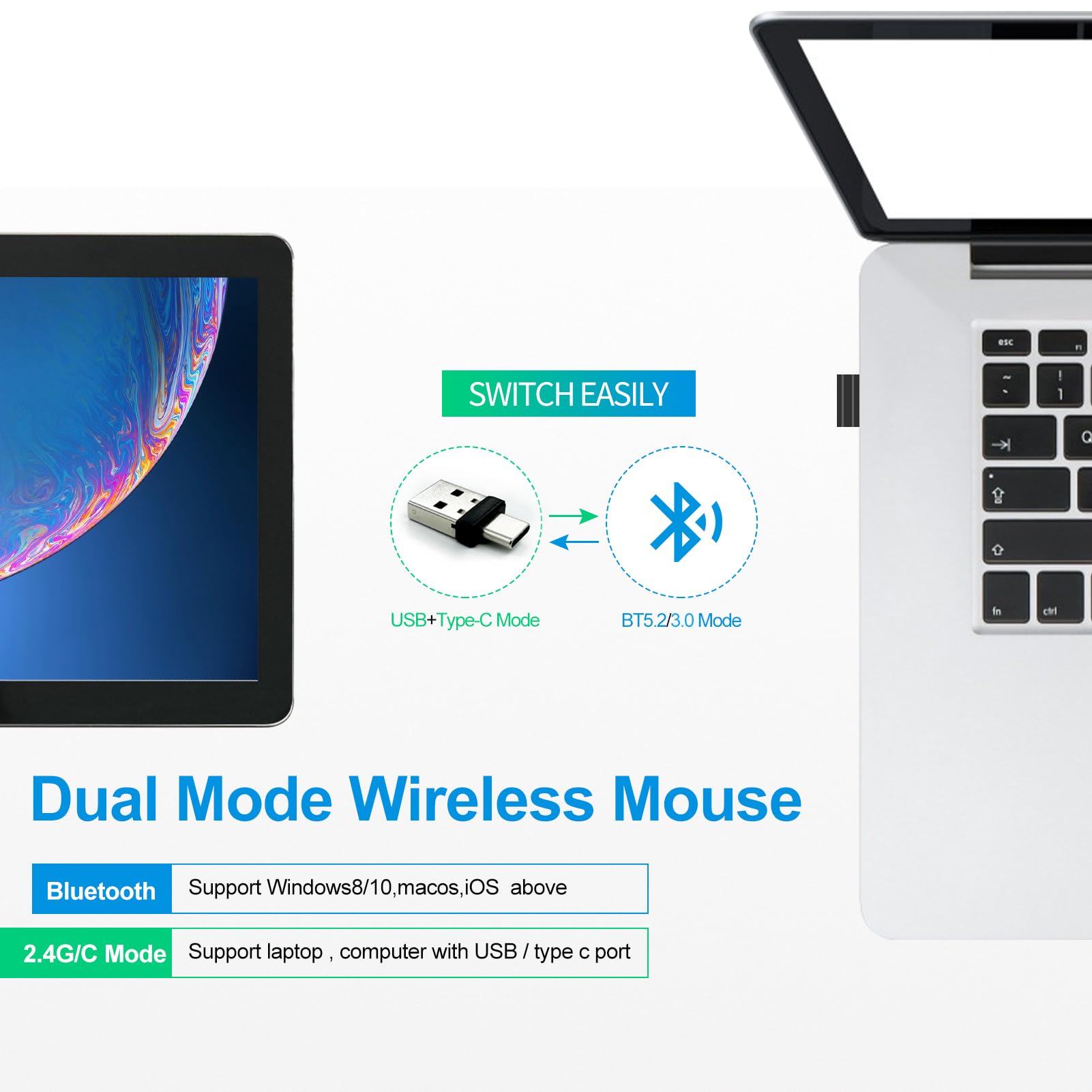 KLO 4 Modes Rechargeable Bluetooth Mouse/Bluetooth 3.0/5.2+USB-2.4G/Type-C,Bluetooth Mouse for MacBook pro/MacBook air/Laptop/iMac/ipad/Notebook/pc(BT/USB-C Black)