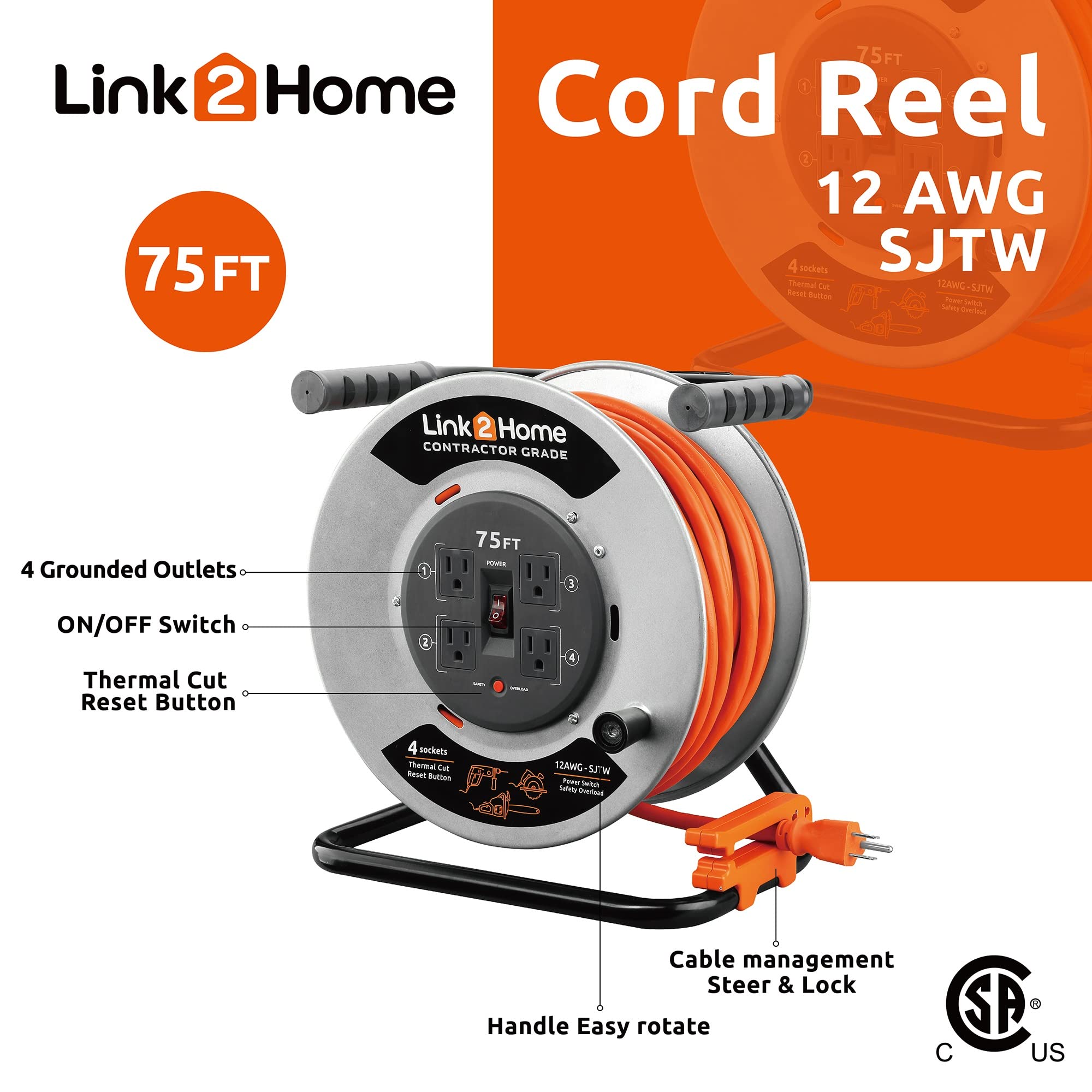 Link2Home Contractor Grade Retractable Extension Cord Reel 75 Ft. With 4 Outlets & Heavy Duty/High Visibility 3-Prong SJTW Cord