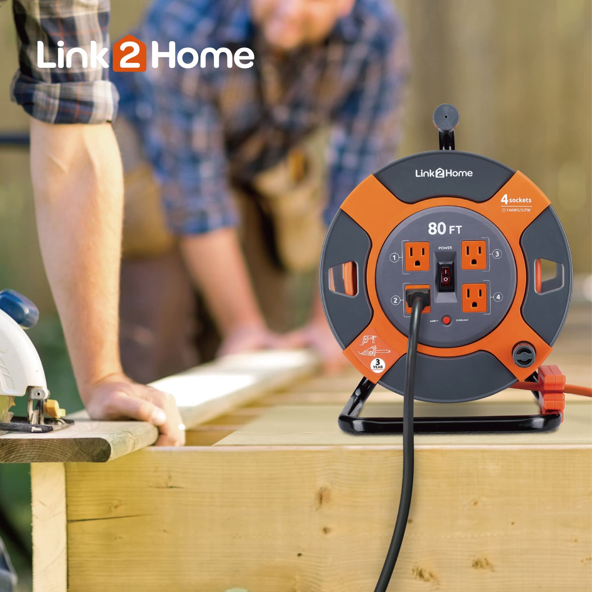 Link2Home Cord Reel 80 ft. Extension Cord 4 Power Outlets β 14 AWG SJTW Cable. Heavy Duty High Visibility Power Cord.