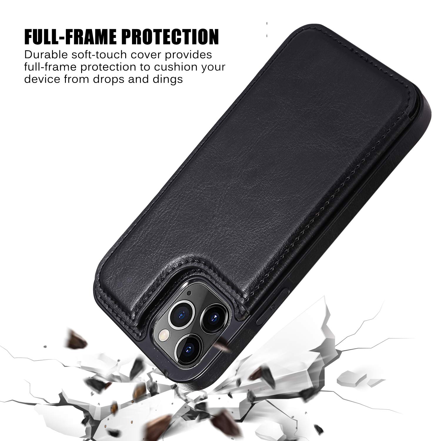 JOYAKI Wallet Case Compatible with iPhone 12 Pro/12,Slim Protective case with Card Holder,Premium PU Leather Kickstand Card Slots Case with 1 Protective Glass for iPhone 12pro/12(6.1") -Black