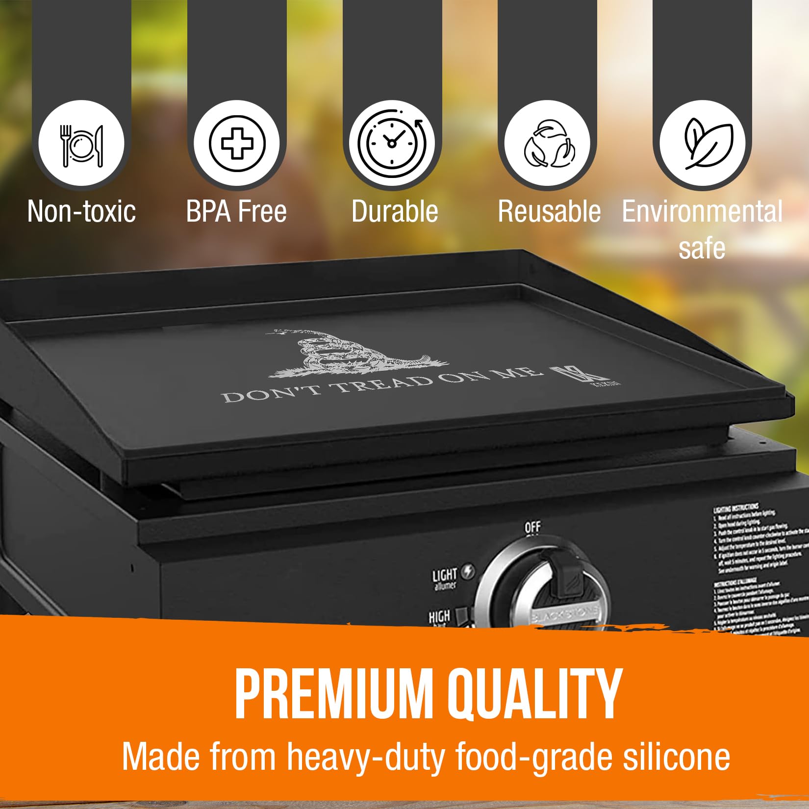 KEKIN Silicone Griddle Mat, griddle cover, Don't Tread On Me (36" Black) Heavy Duty 3mm Food Grade Blackstone Silicone griddle cover, Protect your Griddle from Insects, Debris, and Rust.