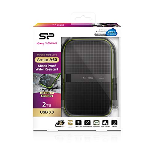 Silicon Power 2 TB External Portable Hard Drive Rugged Armor A60 Shockproof Water-Resistant 2.5-Inch USB 3.0, Military Grade MIL-STD-810G & IPX4, for PC/Mac/Xbox One/Xbox 360/PS4/PS4 Pro/PS4 Black