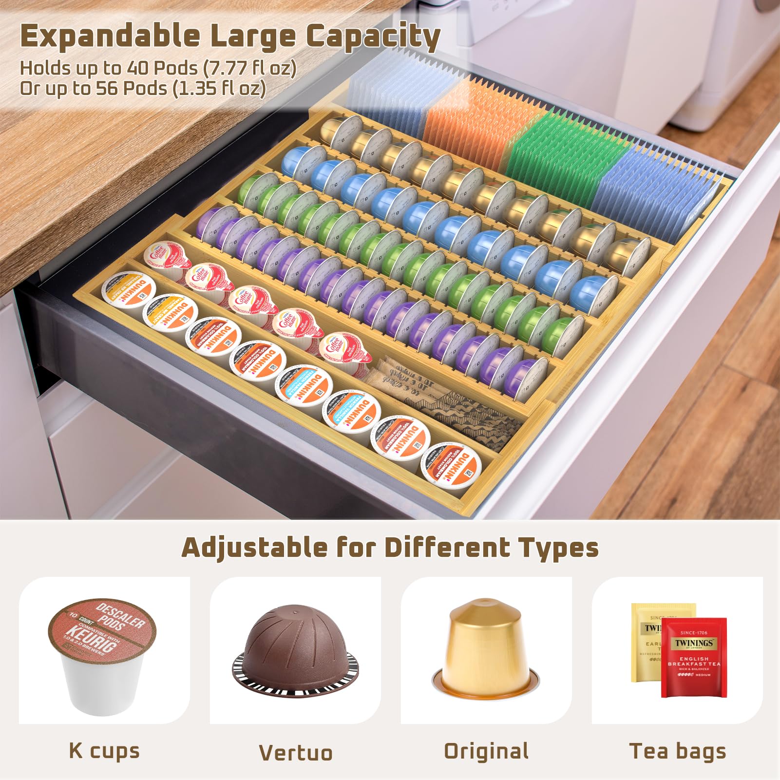 KMOTASUO Bamboo Coffee Pod Storage Holder Drawer Insert, Expandable Coffee Pods Organizer for Counter, Compatible with Vertuo Vertuoline Capsules for Kitchen Coffee Station (Expandable)