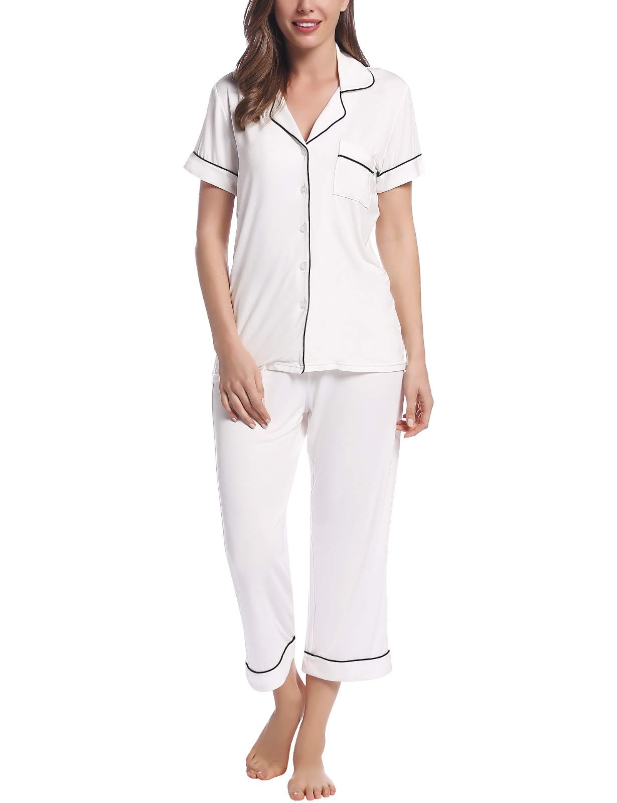 Joyaria Womens Capri Pajamas Set Bamboo Viscose Pjs Petite Lightweight Soft Sleepwear 2 Piece(White, Large)