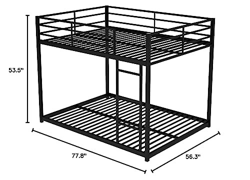 Merax Full Over Full Metal Heavy Duty Low Bunk Bed with Safety Guard Rails and Ladder, No Box Spring Needed, Black