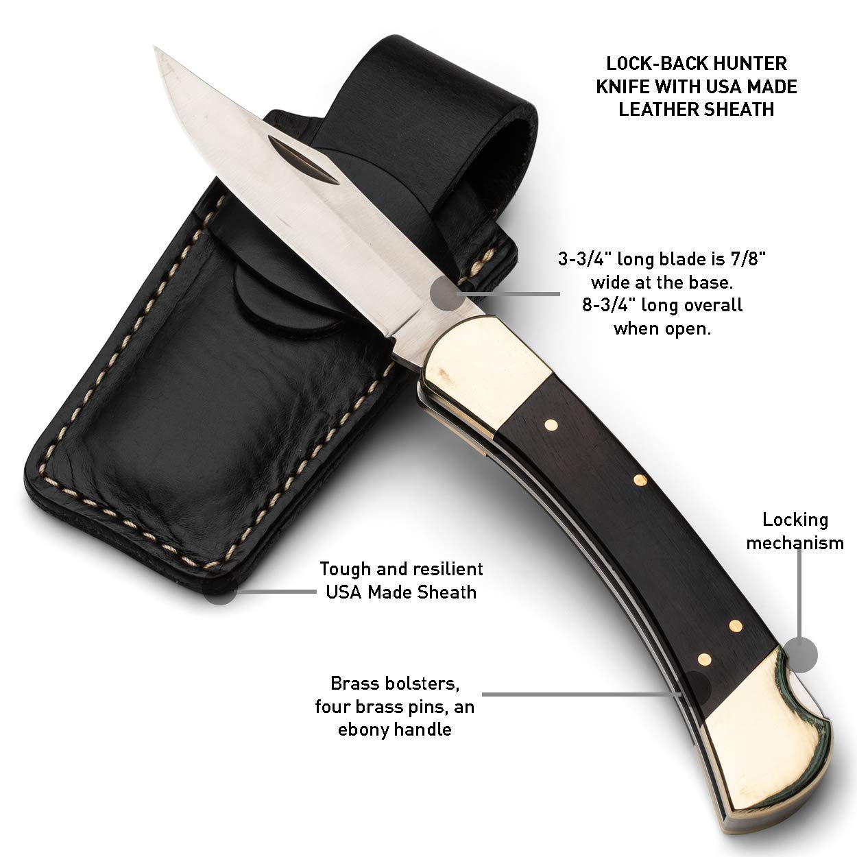 Kings County Tools Lock-Back Hunting Knife | USA Made Leather Sheath | 3-3/4” Long Blade | Total Open Length of 8-3/4” | Sturdy and Compact | Integrated Belt Loop