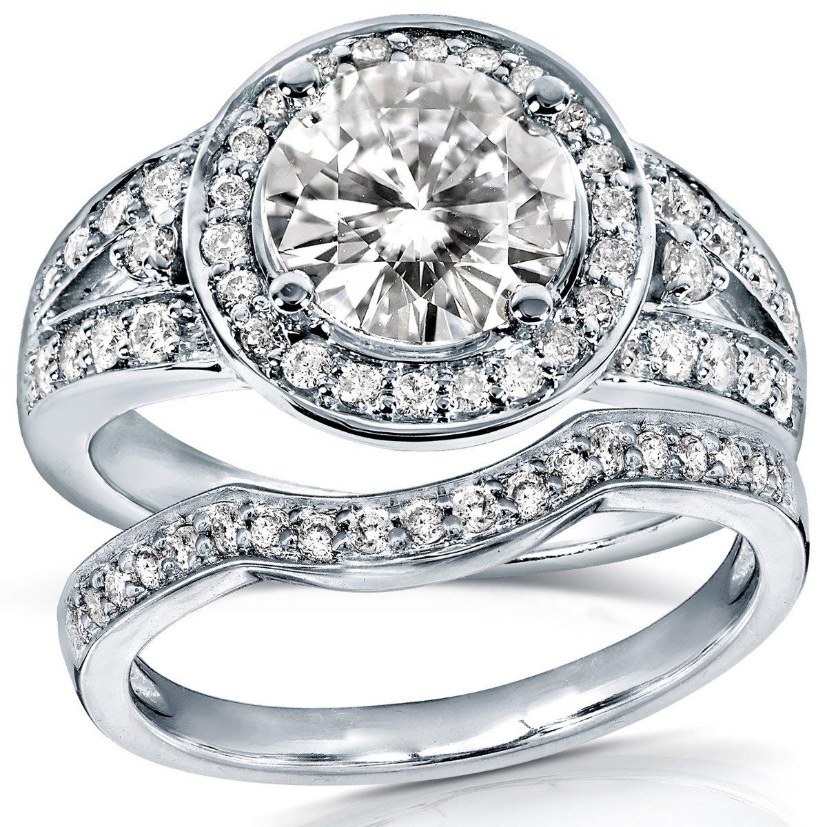 Kobelli Moissanite Halo Low-set Center Bridal Set 2 Carats TW in 14k White Gold, Size 9, White Gold