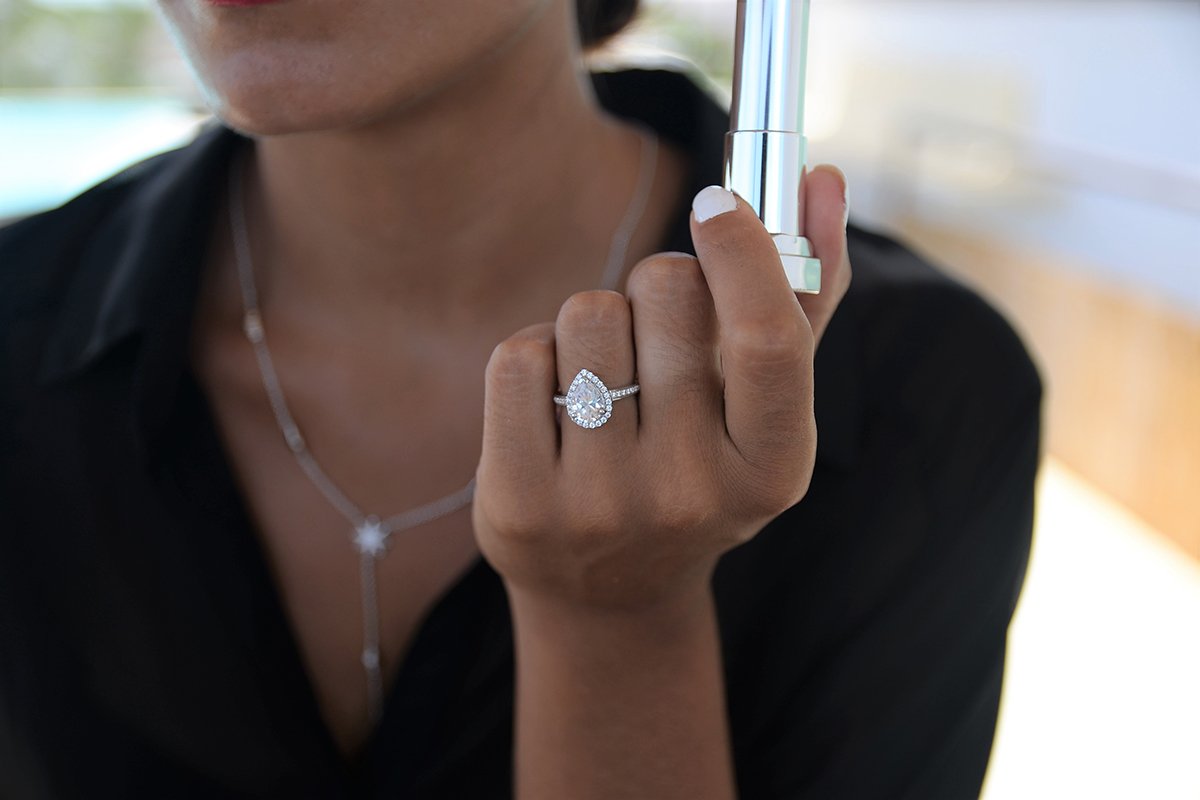 LEMON GRASS 3 Ct Pear Shaped Cubic Zirconia Engagement Ring Pave Thin Band in Sterling Silver Size 8