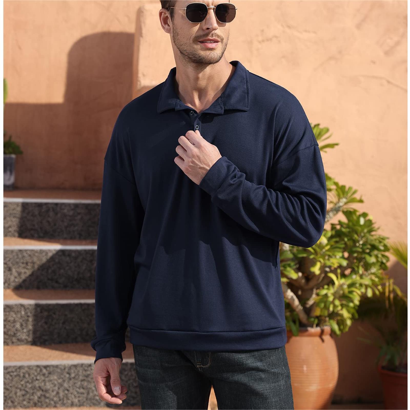 Opomelo Men's Long Sleeve Solid Polo Shirts -Fashion Casual Golf Shirt Collared T Shirts Navy Blue