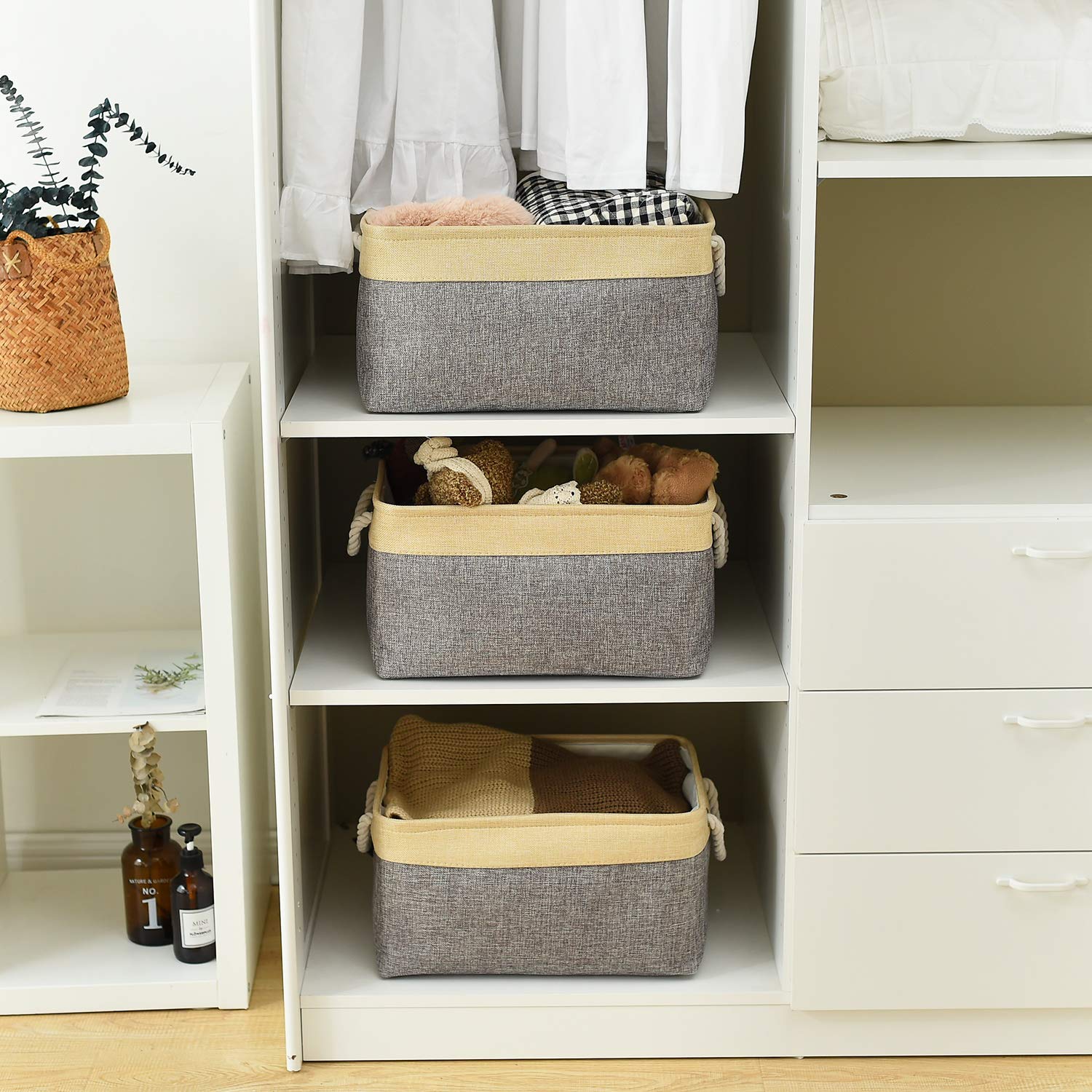 Tegance Storage Baskets Bins for Organizing, Foldable Sturdy Fabric Basket WHandles, Large Rectangular Decorative Storage Basket for Shelves Nursery Closet Toy Blanket， Grey&Gold (3 Pack
