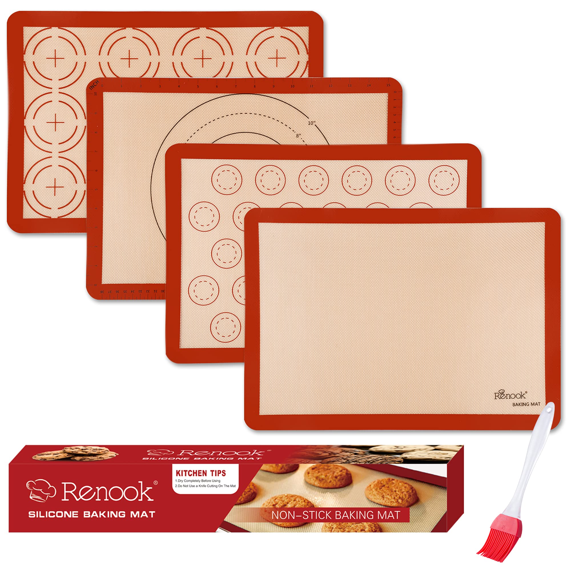 RENOOK silicone baking mats set of 4 half sheets mats +1 oil brush