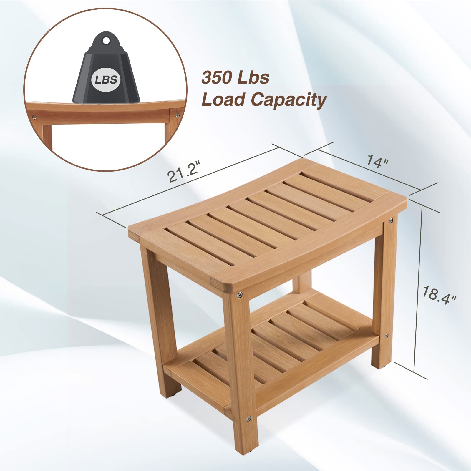 Psilvam Poly Lumber Shower Bench, Shower Stool with Storage Shelf, Water Resistant & Non-Slip Design Shower Seat for Bathroom, Living Room, Bedroom 21 1/4"×14"×18 1/2"(Teak Color)