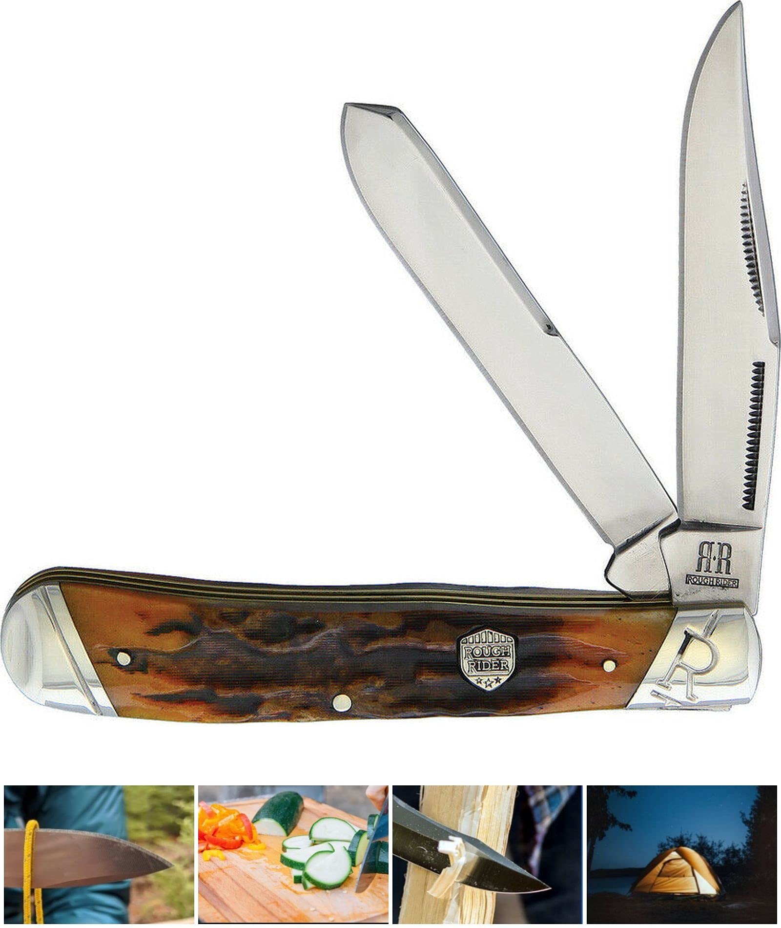 Rough Rider Brown Stag Bone Handle Trapper Stainless Open Folding Blades Pocket Knife 1789 Outdoor Survival Hunting Knife for Camping by Survival Steel