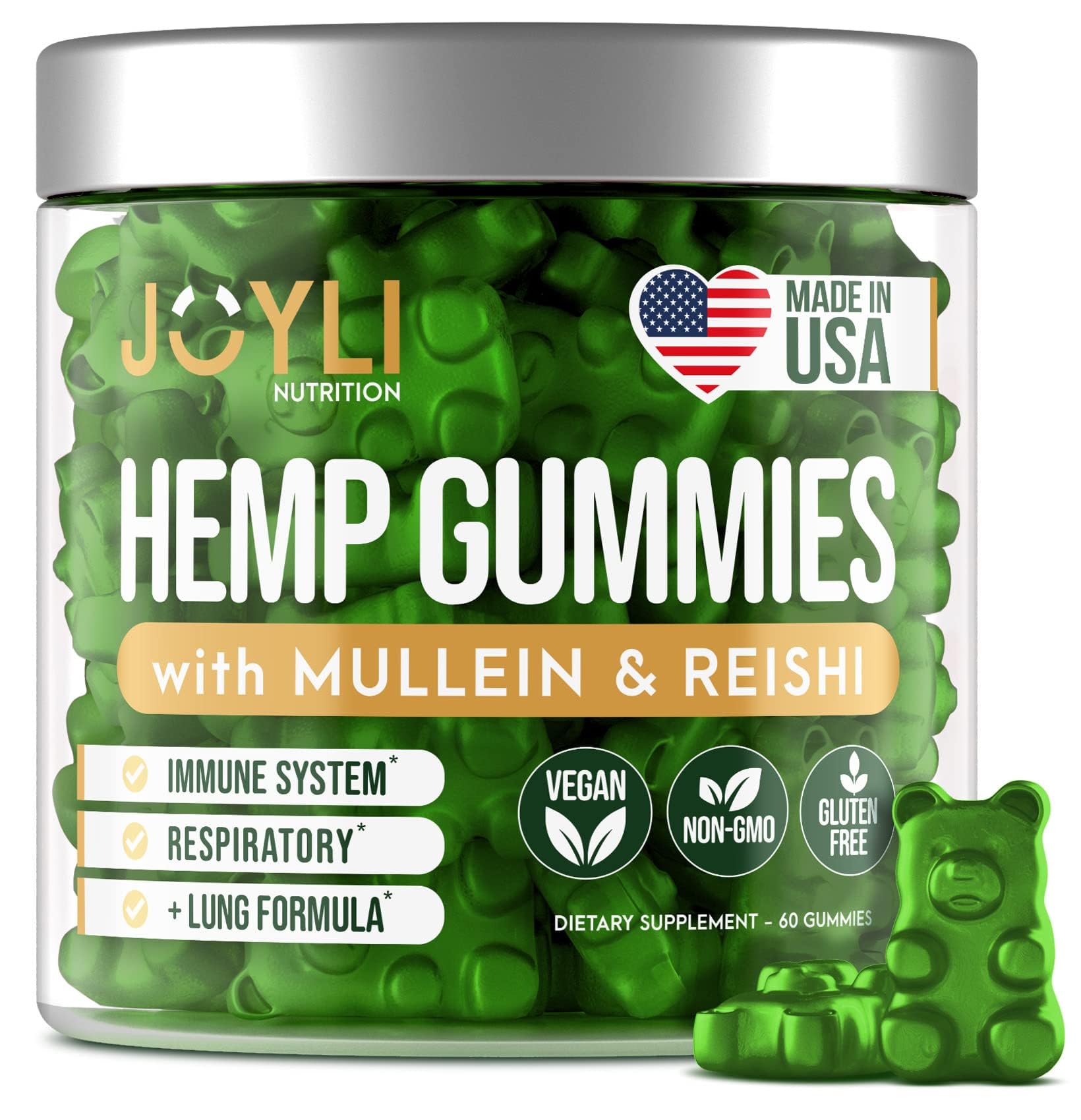 JOYLI Hemp Gummies - Natural Lung Cleanse with Mullein Leaf & Reishi Mushroom - Extra Strength Clean Lung Support Supplement with Vitamins A, C, D & E - Sugar-Free, Vegan, Non-GMO - 60 Edibles