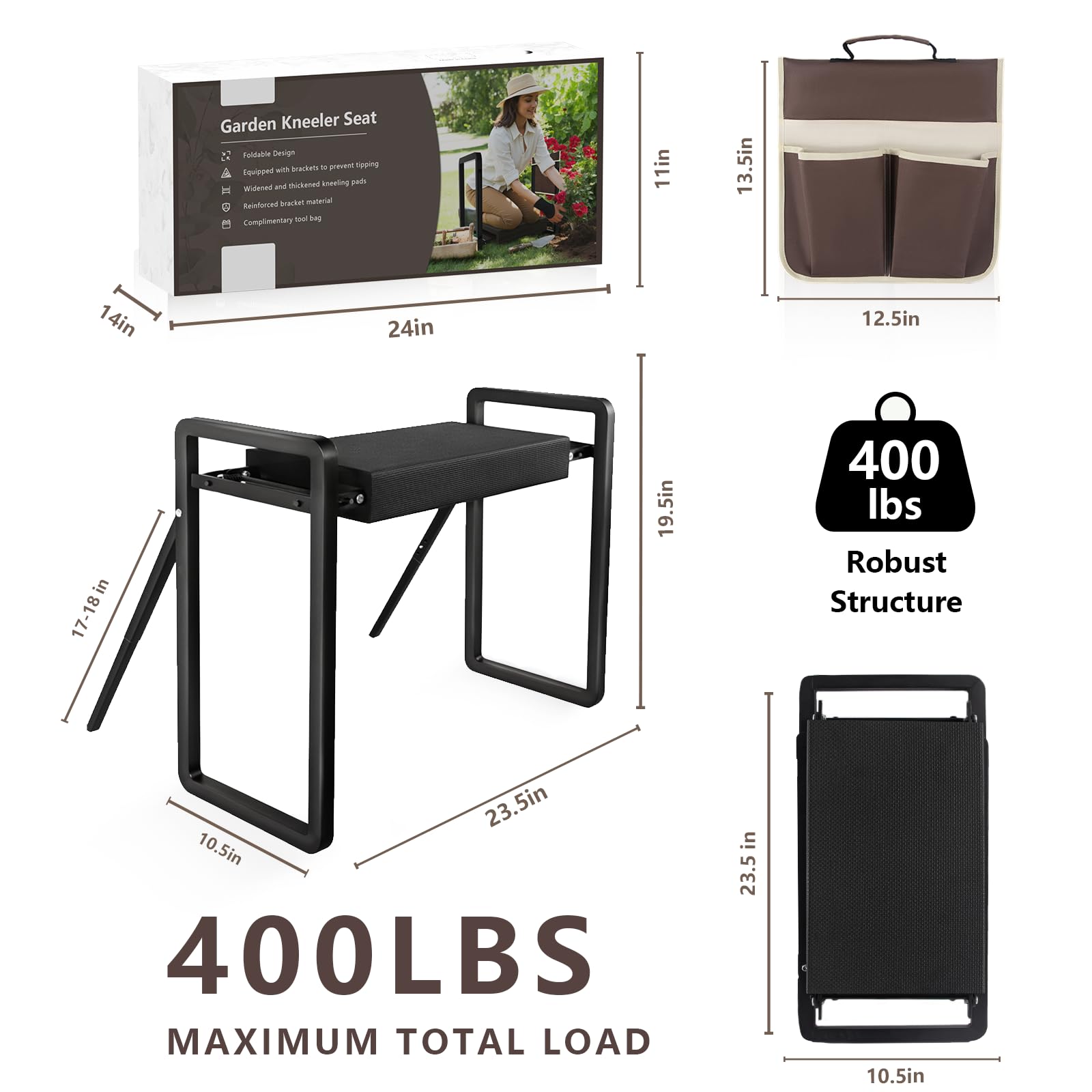 seasky Foldable Garden Kneeling and Seat,Anti-Tipping Garden Stool Widened Thick Soft Kneeling Pad, Heavy Duty Gardening Stool with Garden Tool Bag,Gardening Gift
