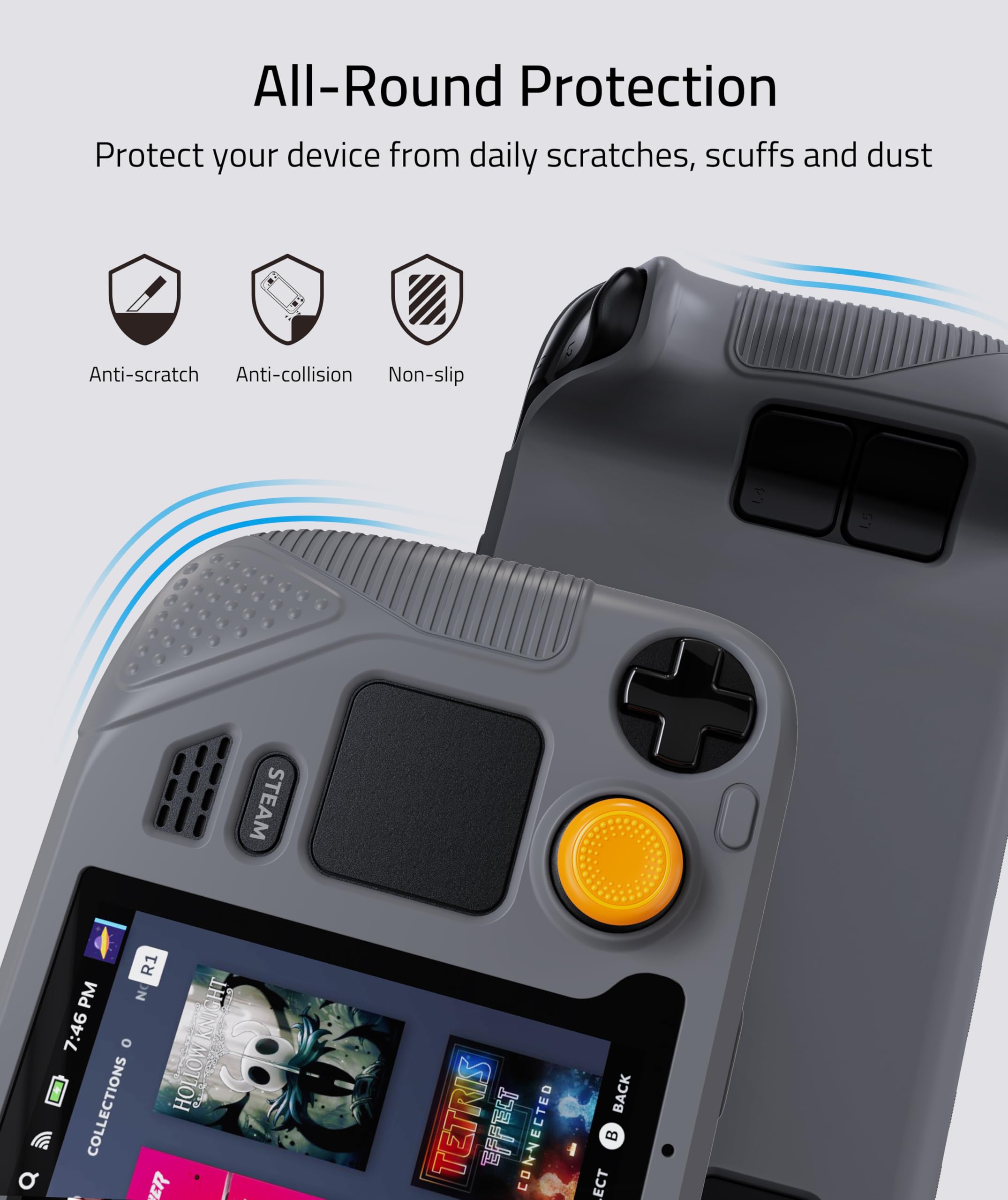 Syntech Protective Case Compatible with Steam Deck Accessories Console OLED/LCD, All-Round Protection with Non-Slip Thumb Grips, Silicone Cover for Enhanced Fit and Alignment-Gray