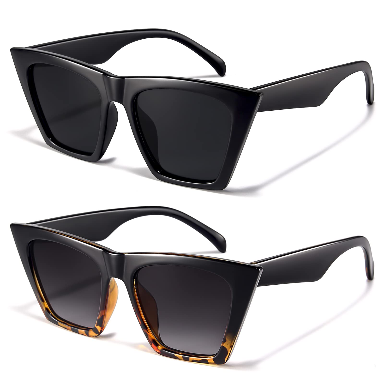 racico Trendy Cat Eye Sunglasses Women - 2 pack Vintage Oversized Cateye Style Square Sun Glasses Women Men