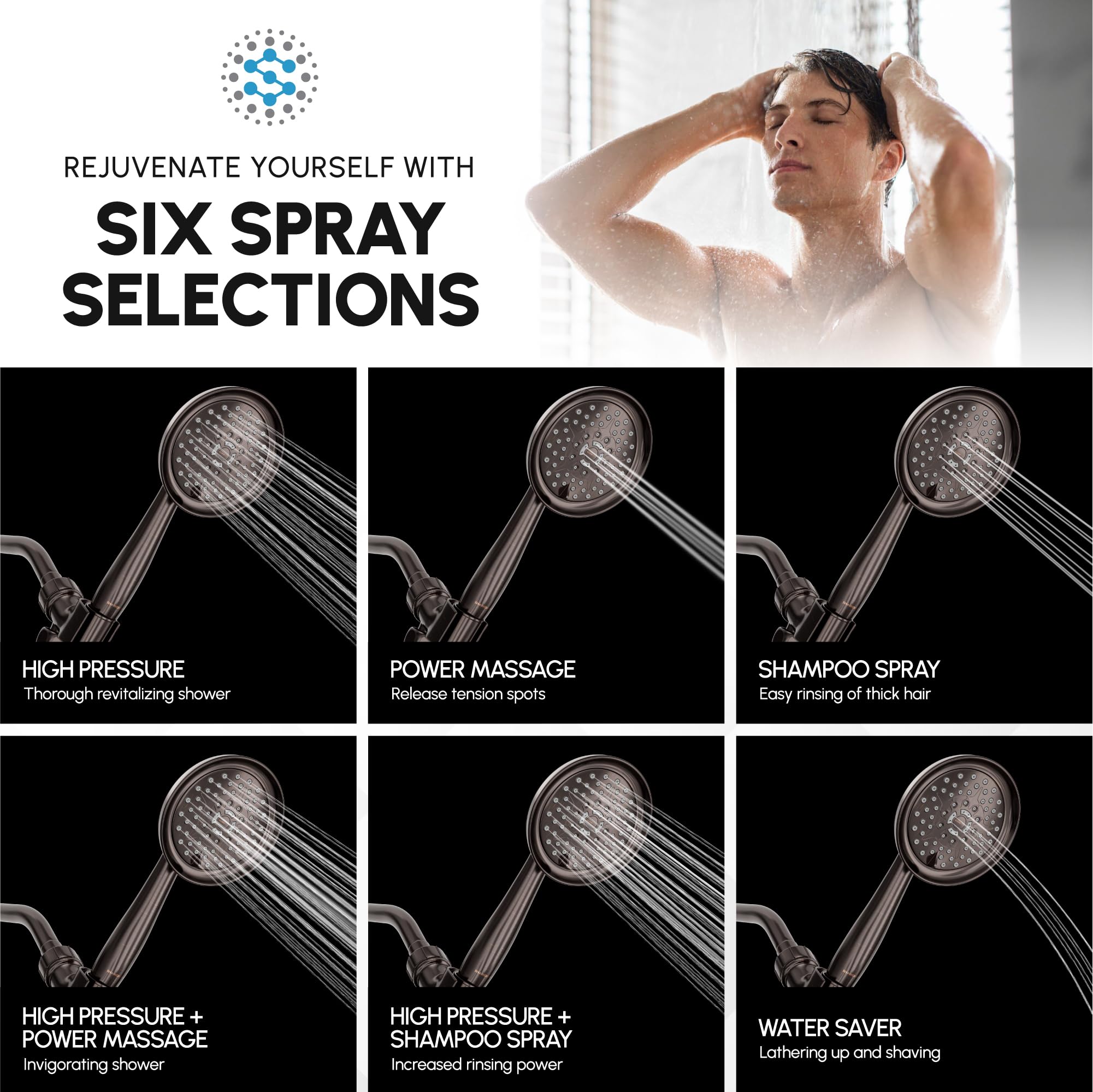 ShowerMaxx, Luxury Spa Series: Bronze Hand Held Shower Head, 5 inch 6 Spray Settings Handheld Showerhead with Extra-Long Stainless Steel Hose, Experience MAXX Comfort and Elegance (Oil Rubbed Bronze)