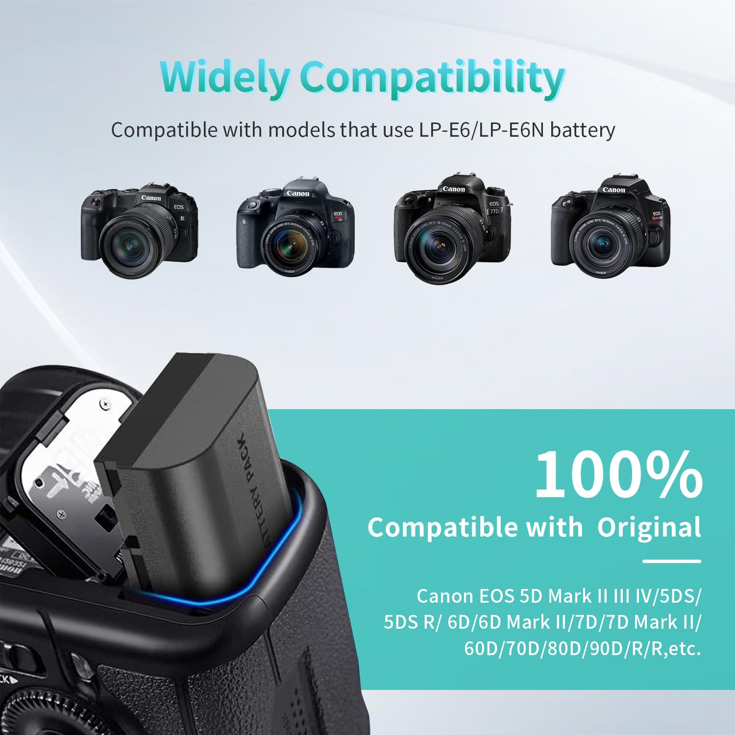 LP LP-E6, LP-E6N Battery 2-Pack, Rechargeable 2600mAh Large Capacity Replacement Batteries for Canon EOS 5D Mark II III IV, 5DS, 5DS R, 6D, 6D Mark II, 7D, 7D Mark II, 60D, 70D, 80D, 90D