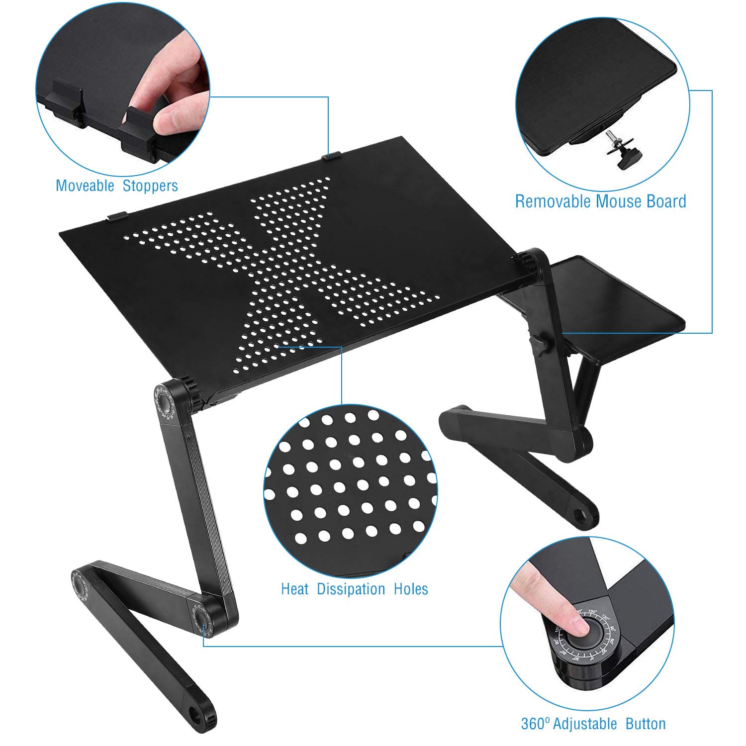 KOCASO Adjustable Laptop Stand, Aluminum Portable Laptop Table for up to 21" Laptops with Mouse Pad, Ergonomic Laptop Holder Computer Lap Desk Tray Standing for Couch TV Bed Sofa Office Students Gift
